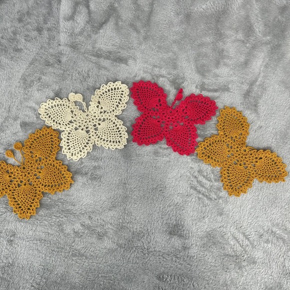 Art | Handmade Crochet Butterfly Doily Set Of 4 Cream Pink Mustard ...